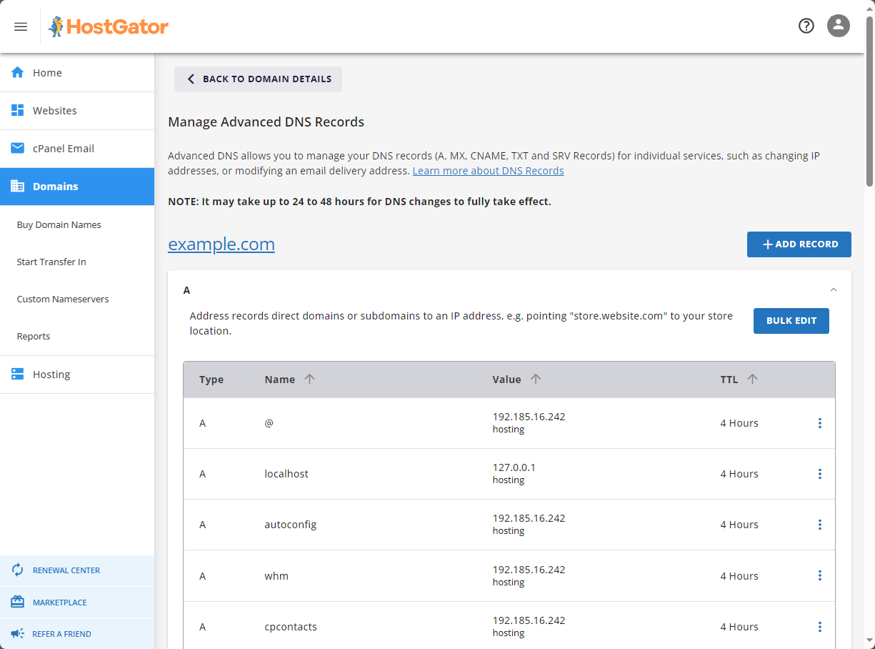 Making DNS Changes to the Domain Bought from HostGator